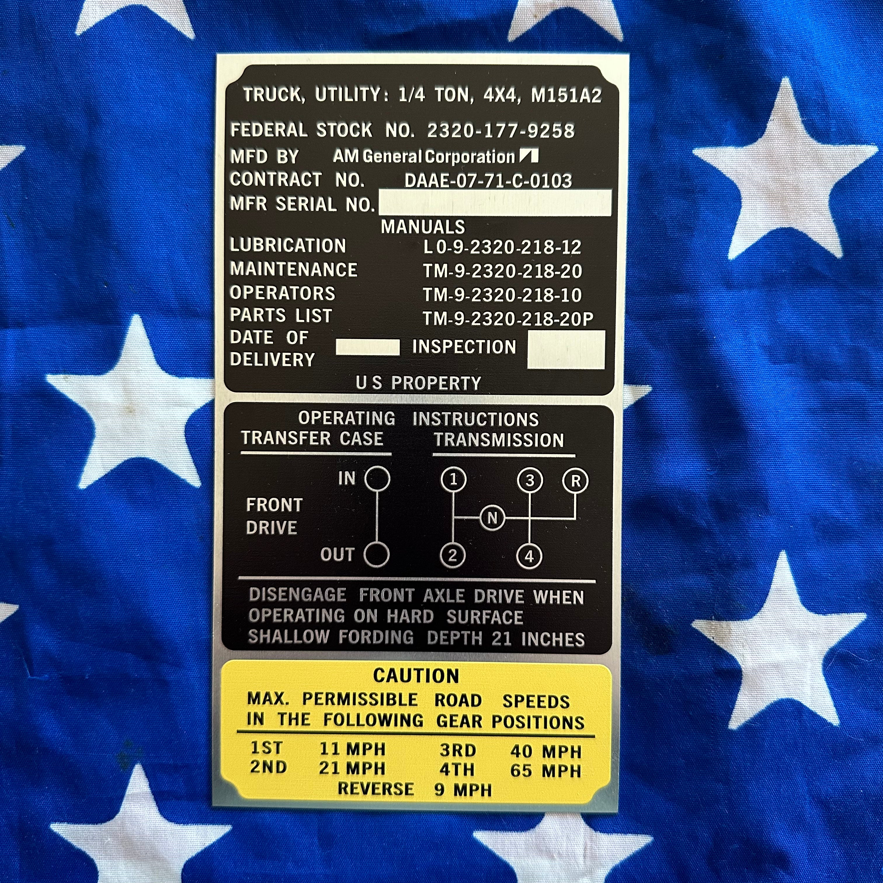M151A2 AM General Data Plate – M151 Parts