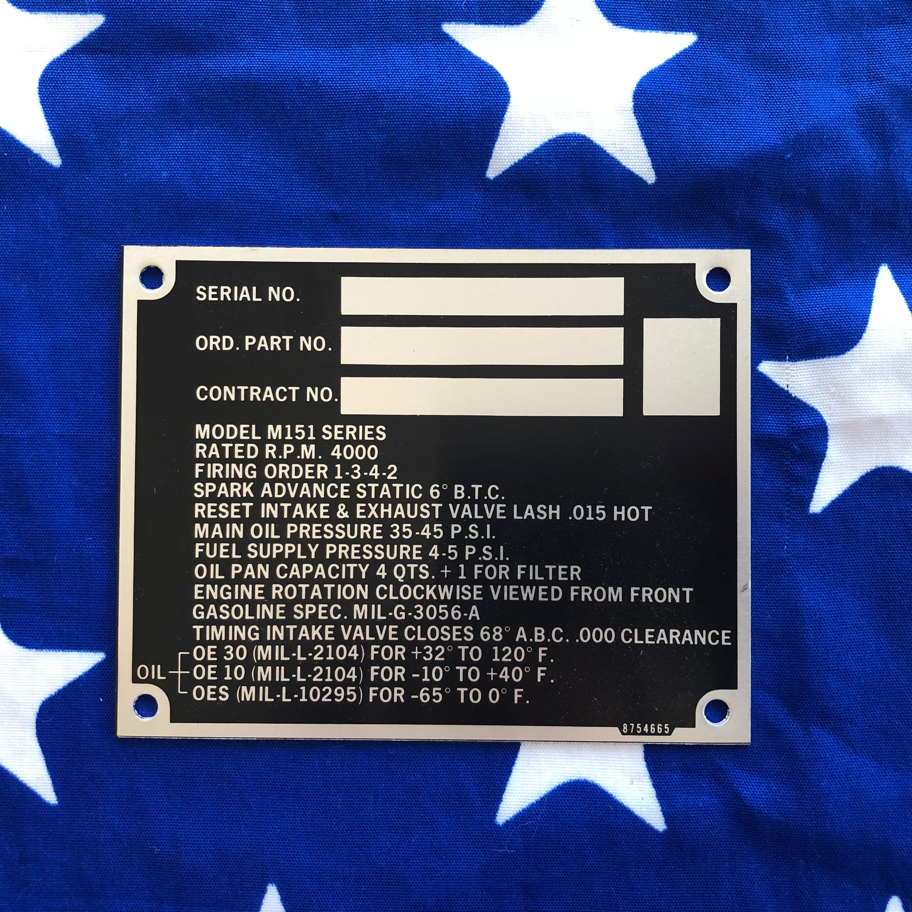 M151 Series NOS Engine Data Plate – M151 Parts