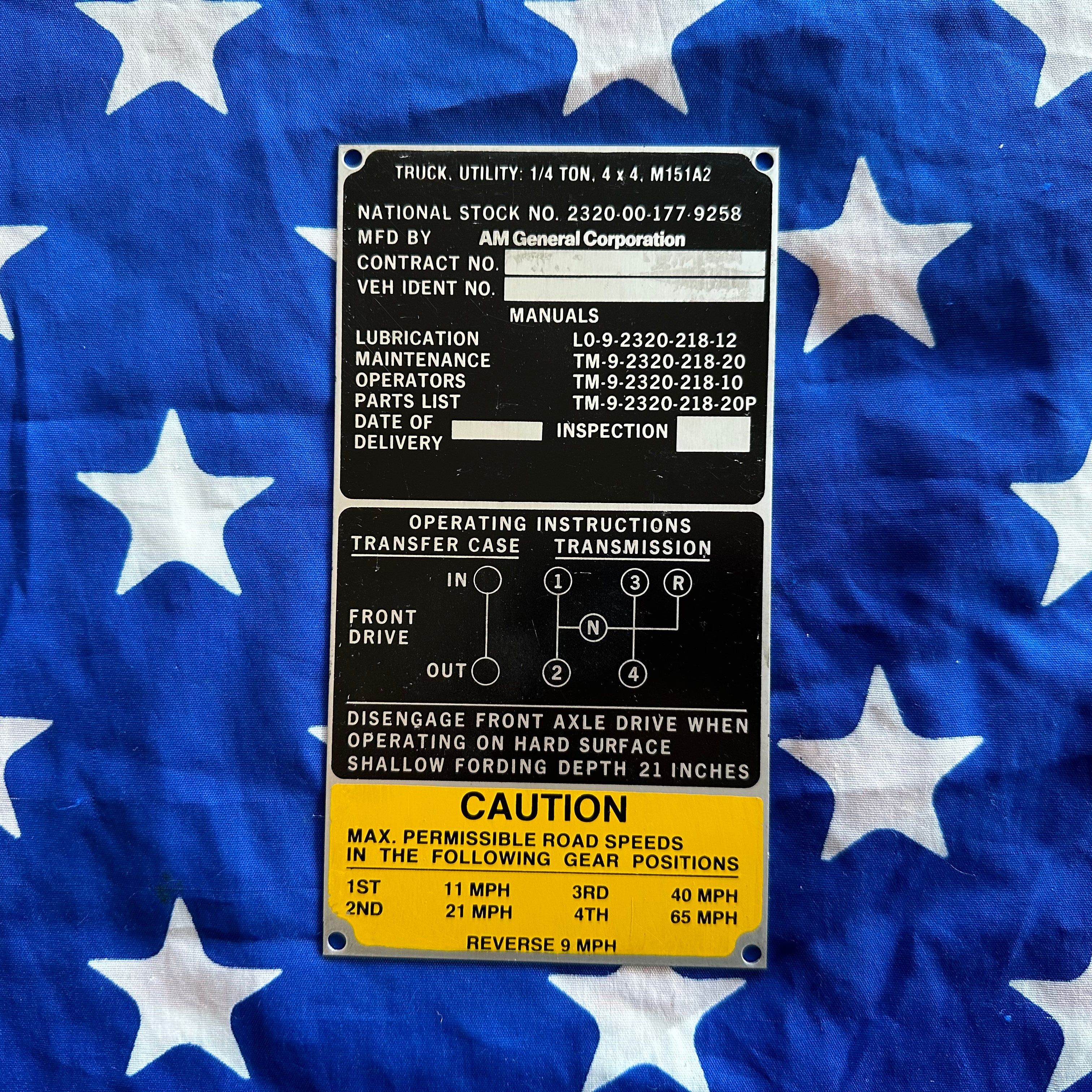 M151A2 NOS Operating Instruction Data Plate – M151 Parts