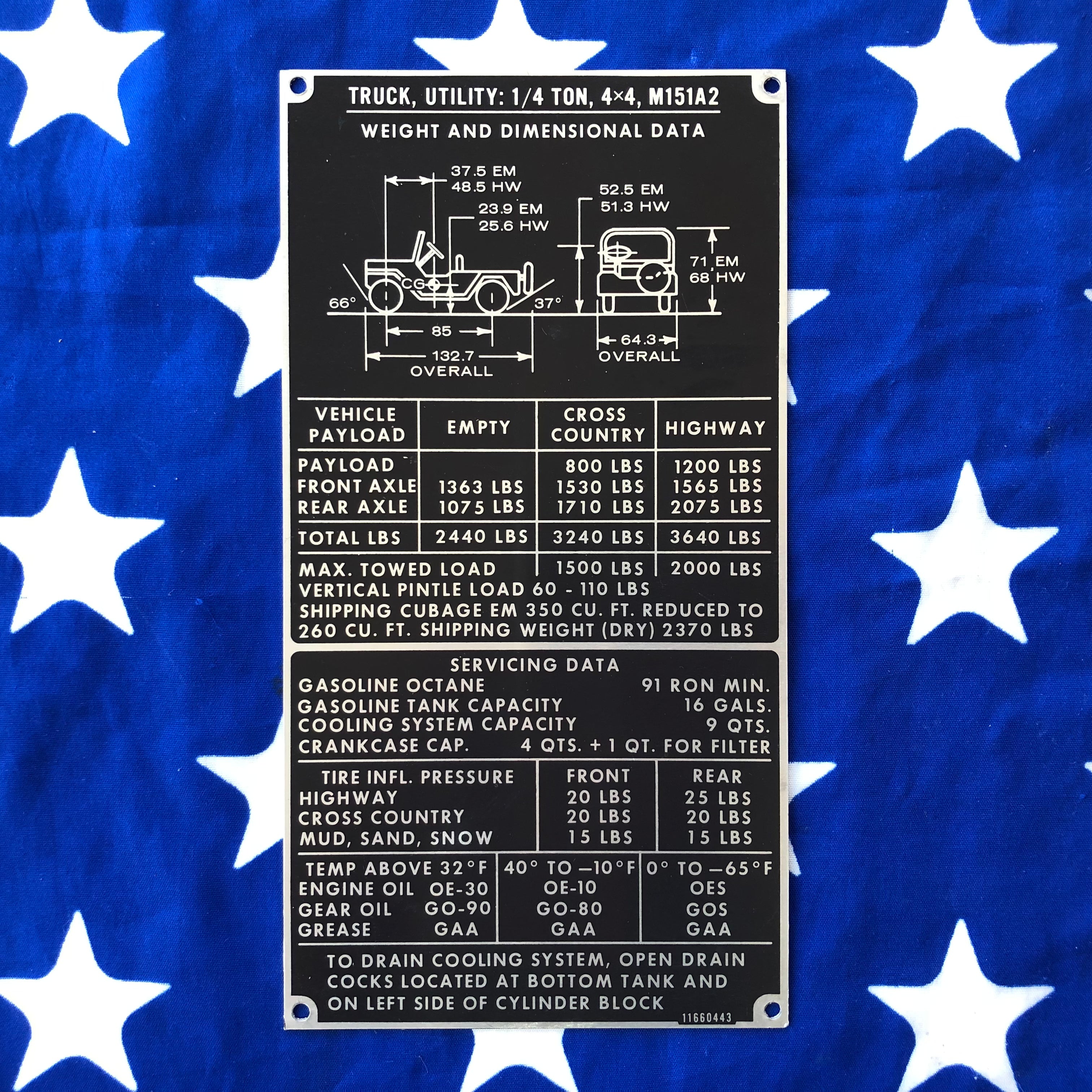 M151A2 NOS Weight & Dimensional Data Plate – M151 Parts