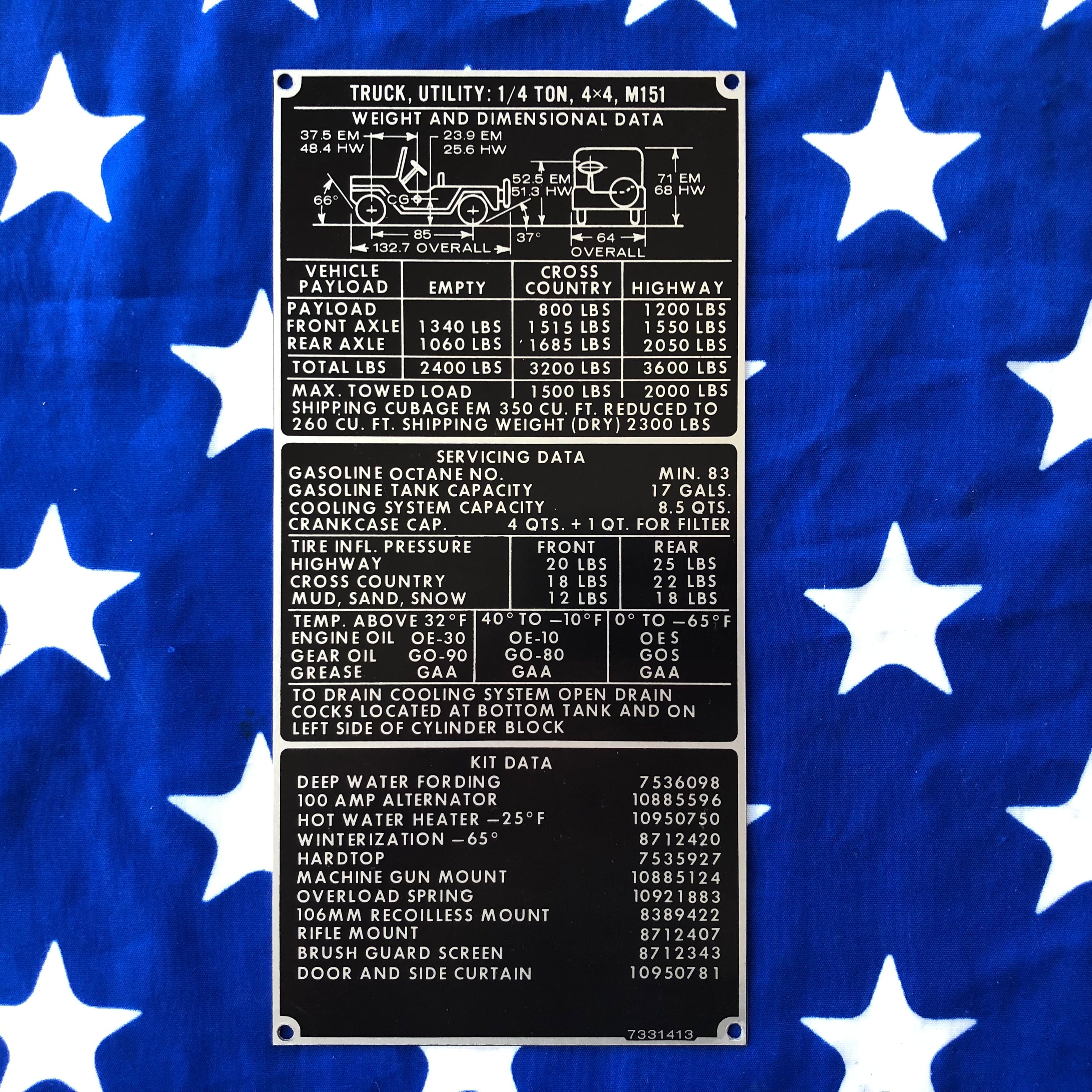 M151 NOS Weight & Dimansional Data Plate – M151 Parts